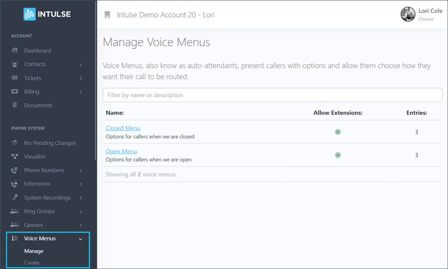 Manage Voice Menus | Intulse Support